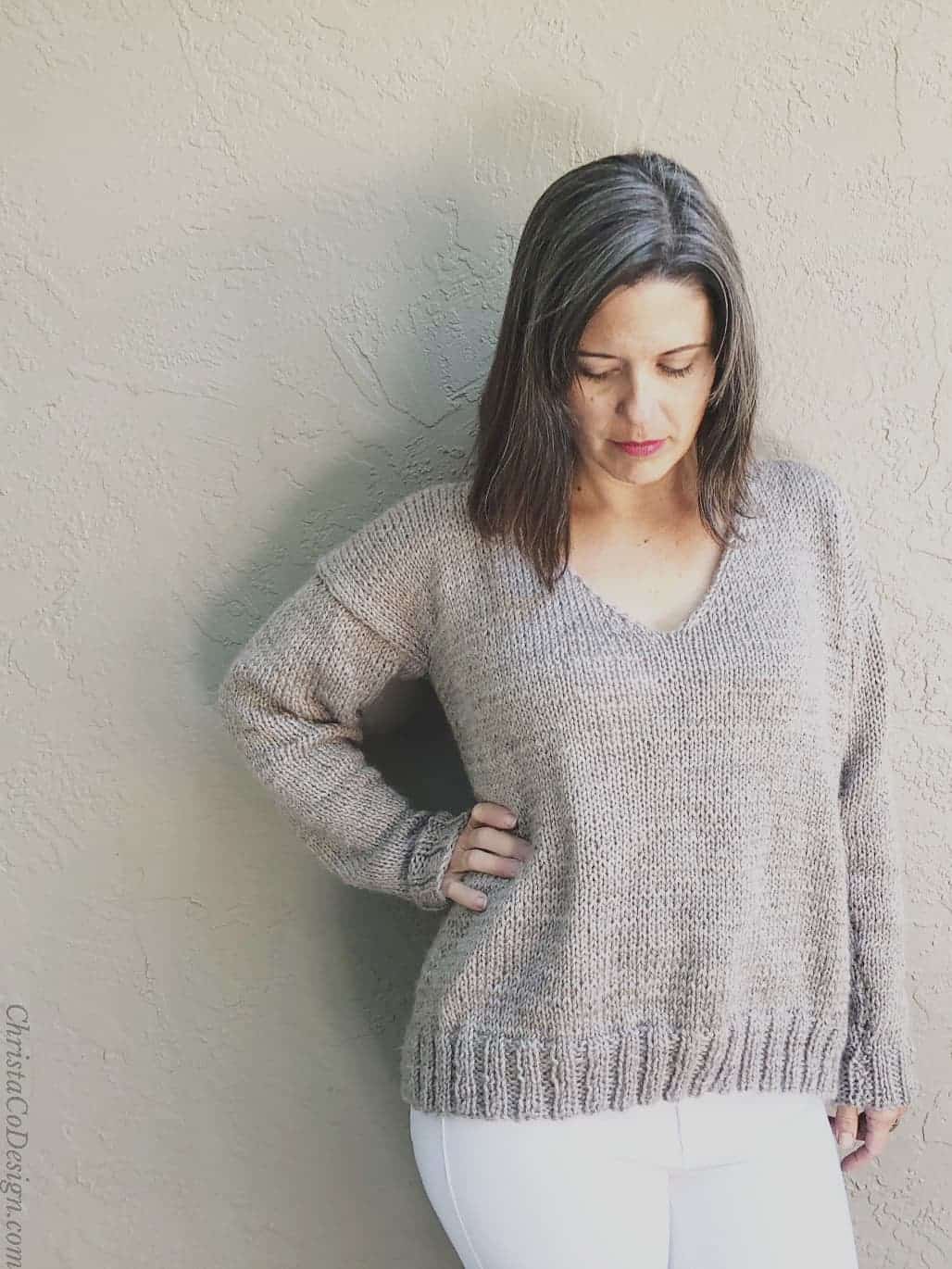 Elena V-Neck Sweater Knitting Pattern for Beginners - ChristaCoDesign